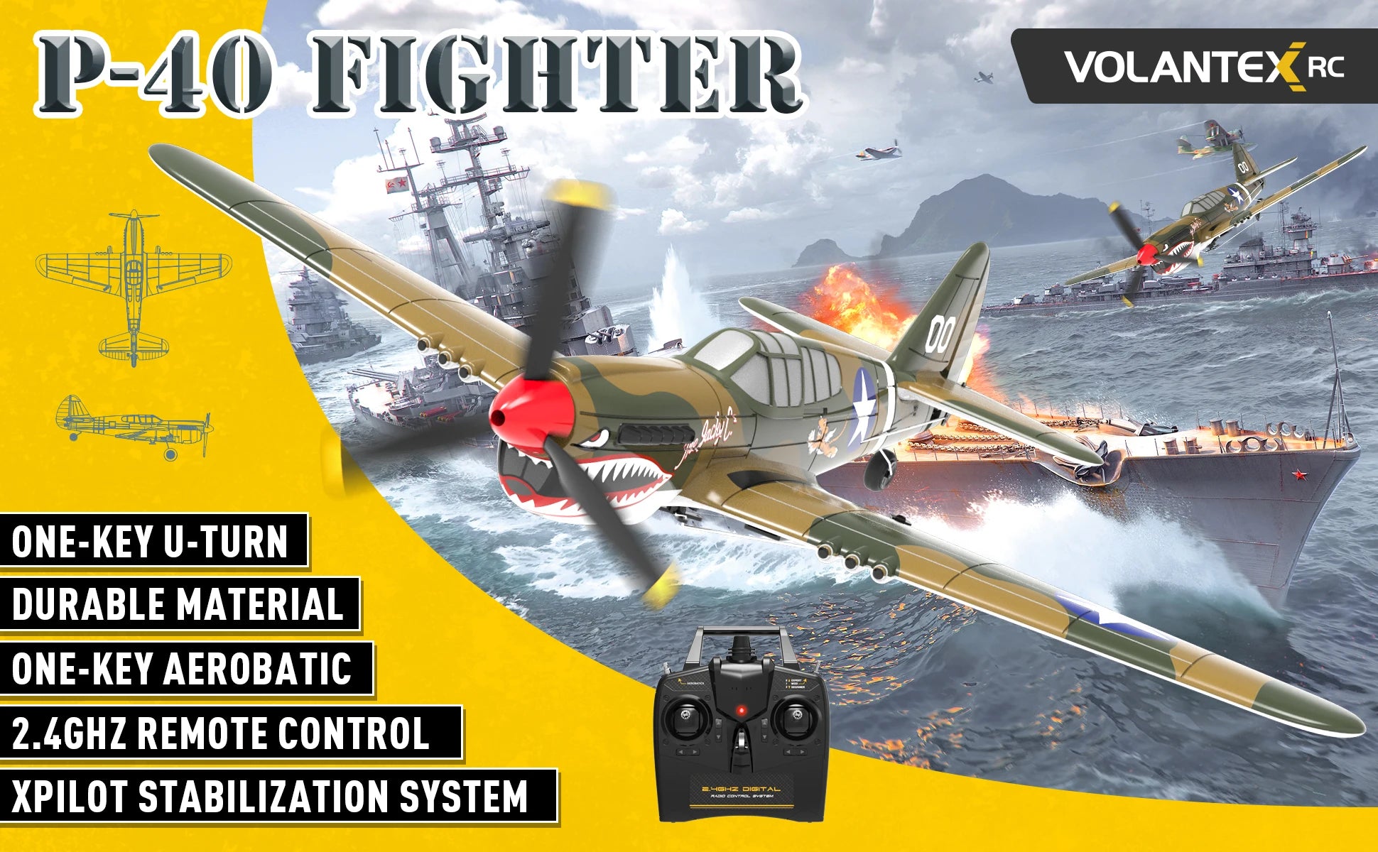 Volantex New Spitfire RC Plane EPP 400mm Wingspan RC Fighter One Key A ...