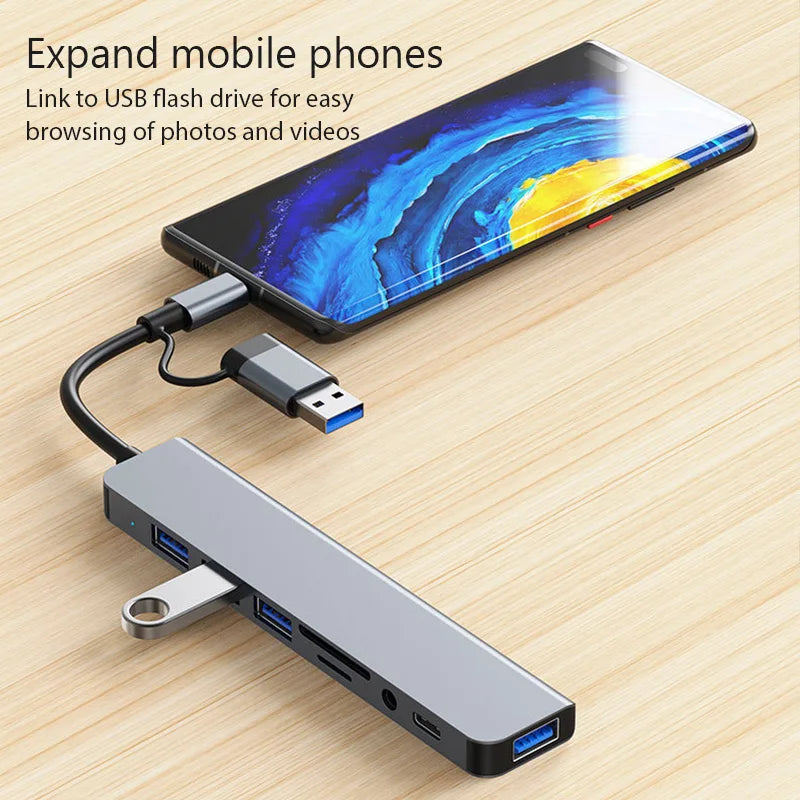 8 In 2 USB HUB With Splitter Card Reader, USB C Port, USB 3.0, SD/TF S ...