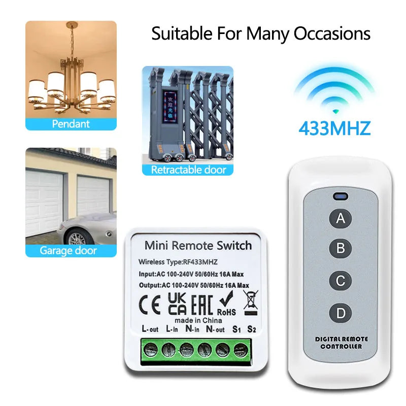 RF Universal Wireless Switch 433MHZ 16A 110V 220V 4KEY Remote Control ...
