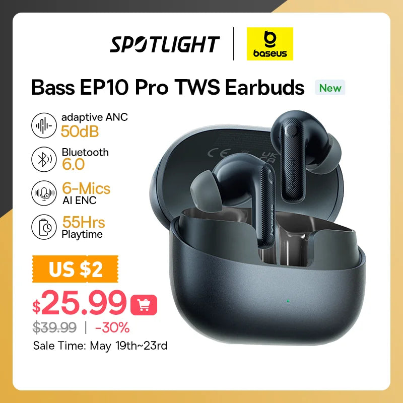 Baseus EP10 Pro ANC Earphones Wireless Bluetooth 6.0 50dB Realtime Ada ...
